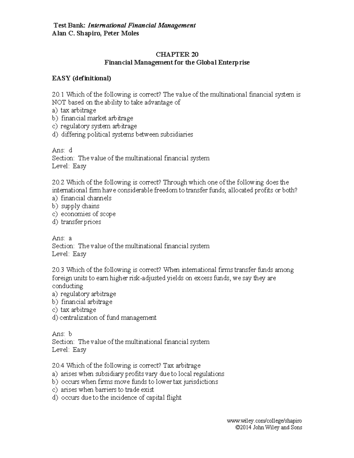 Ch20 Test Bank - supiro test bank - Alan C. Shapiro, Peter Moles wiley ...