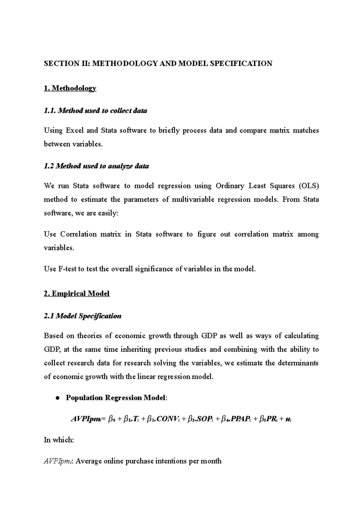 Section II Methodology AND Model Specification - SECTION II ...