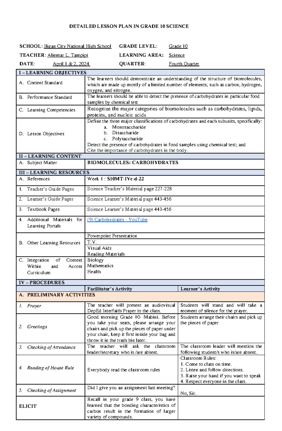 CARBOHYDRATES LESSON PLAN - DETAILED LESSON PLAN IN GRADE 10 SCIENCE ...