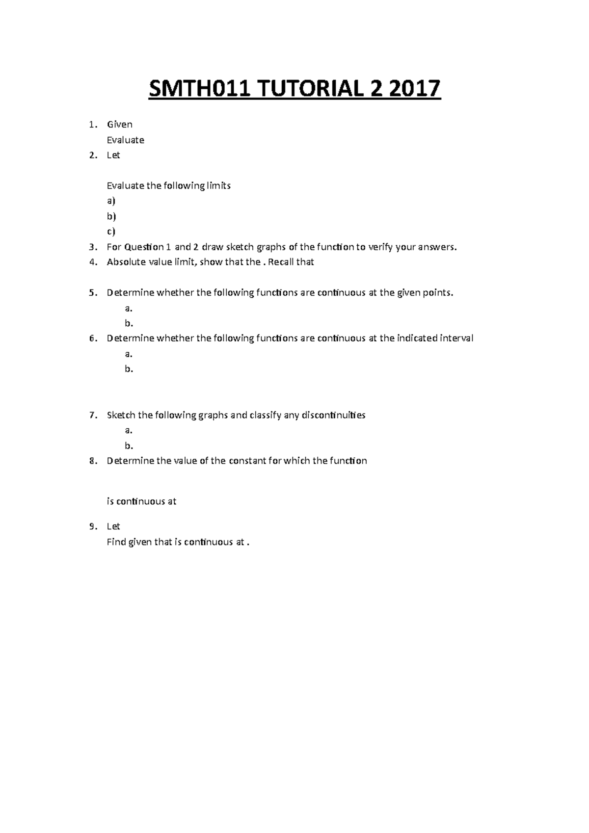 Smth011 Tutorial 2 2017 Smth011 Tutorial 2 2017 Given Evaluate Let