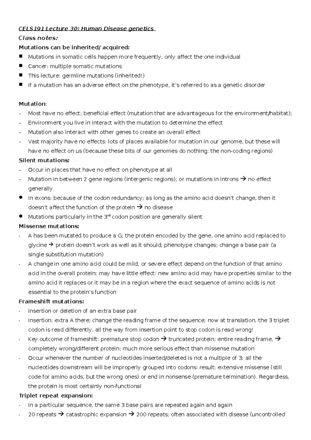CELS191 Lecture 30 notes - CELS 191 Lecture 30 : Human Disease genetics ...
