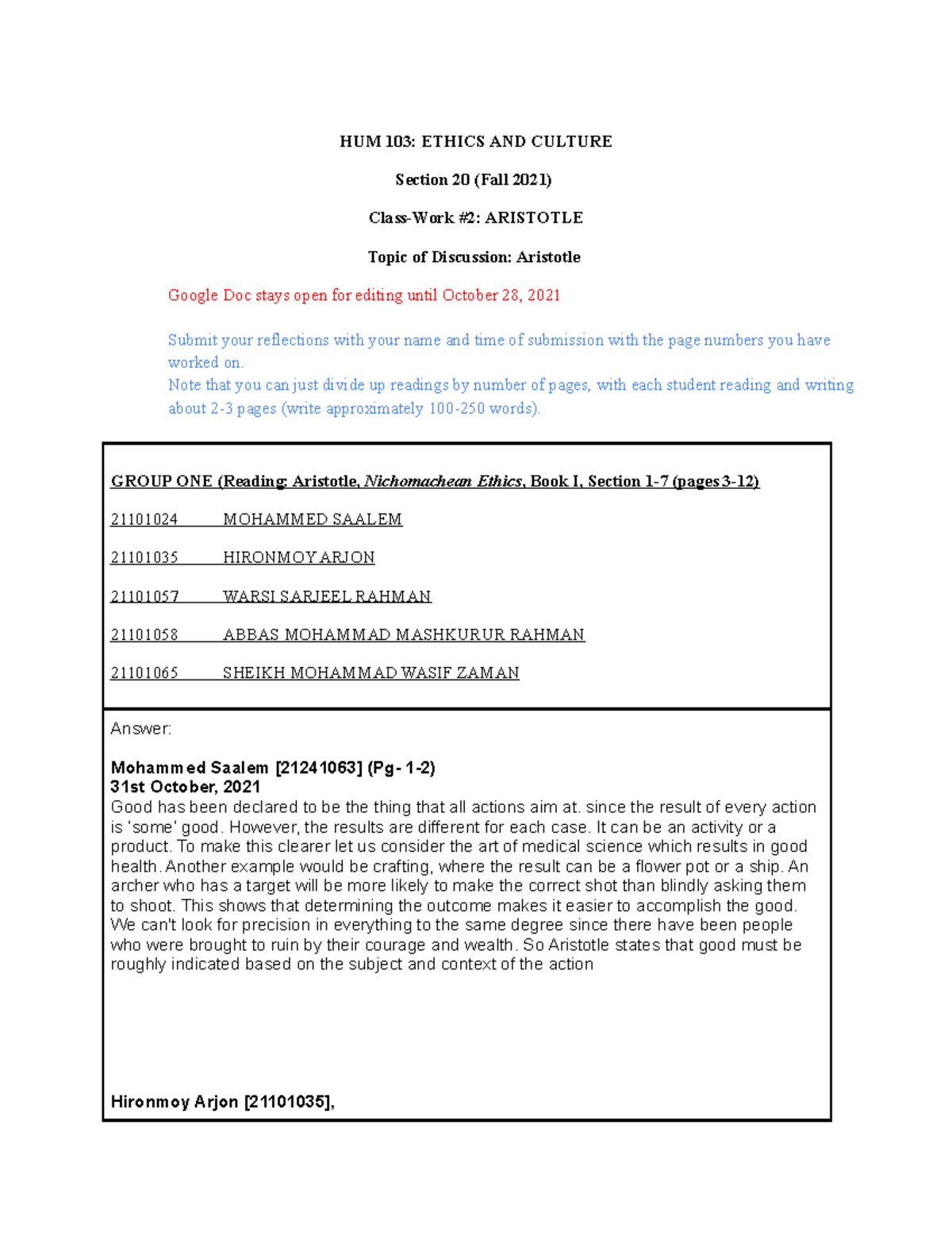 Sec 20, Classwork 02, Fall'21 - HUM 103: ETHICS AND CULTURE Section 20 ...