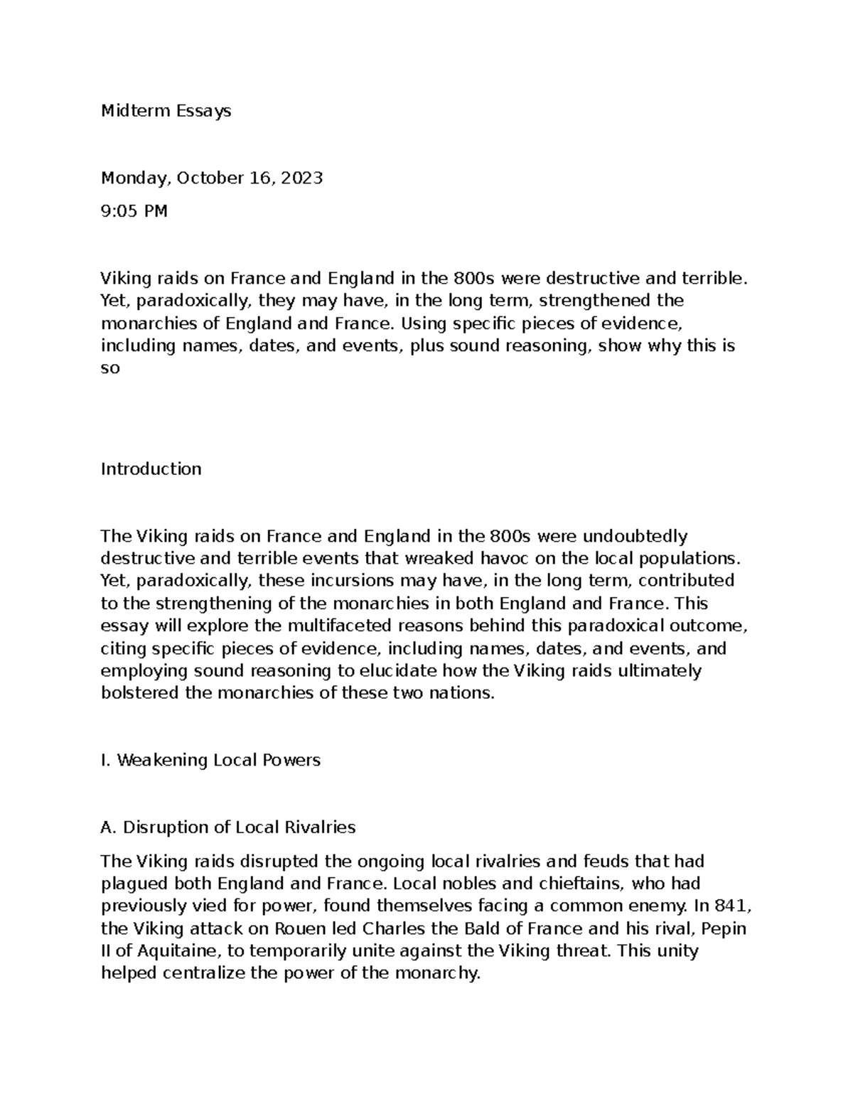Vikings Midterm Essays - Midterm Essays Monday, October 16, 2023 9:05 ...