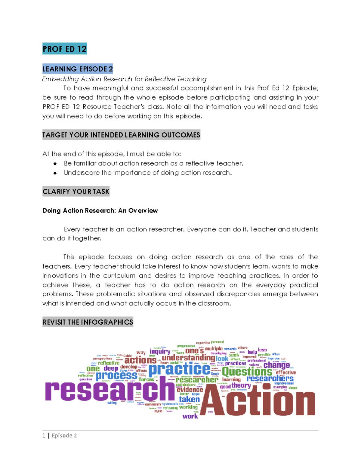 FS2 (ep 2) - field study - PROF ED 12 LEARNING EPISODE 2 Embedding Action Research for ...