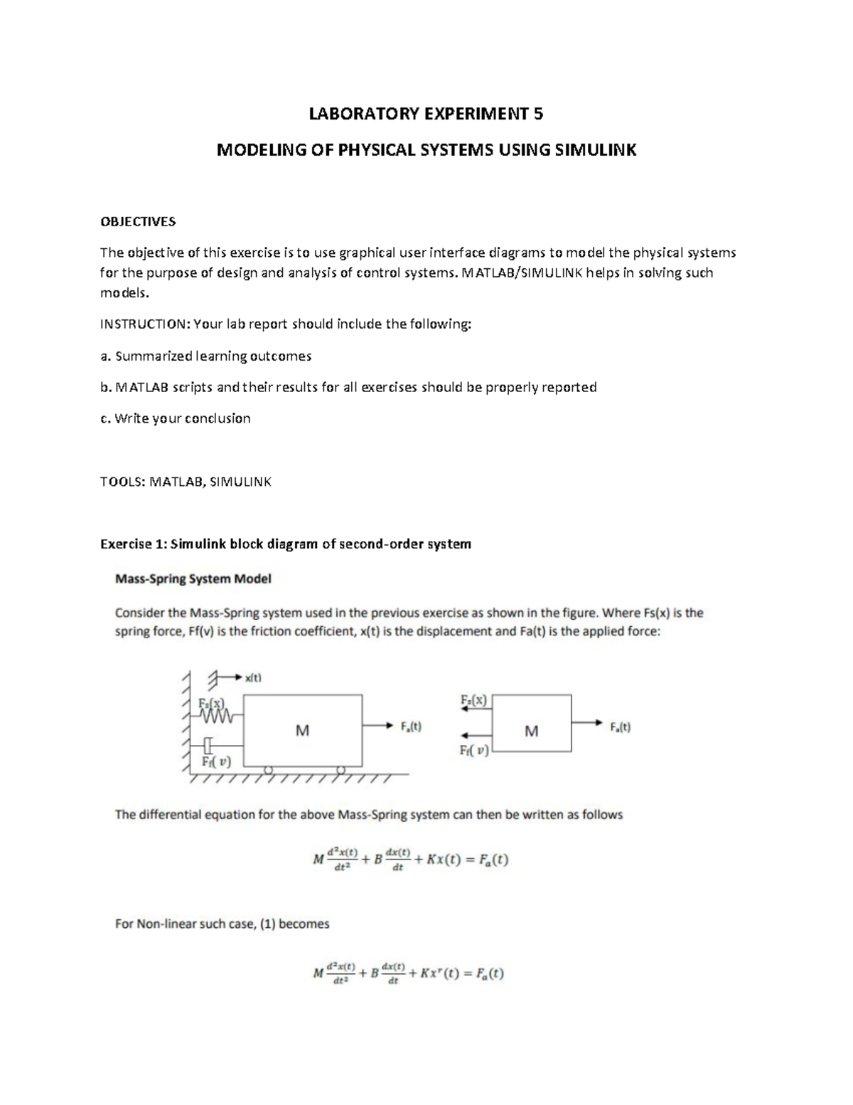 Laboratory Experiment 5 - LABORATORY EXPERIMENT 5 MODELING OF PHYSICAL SYSTEMS USING SIMULINK ...