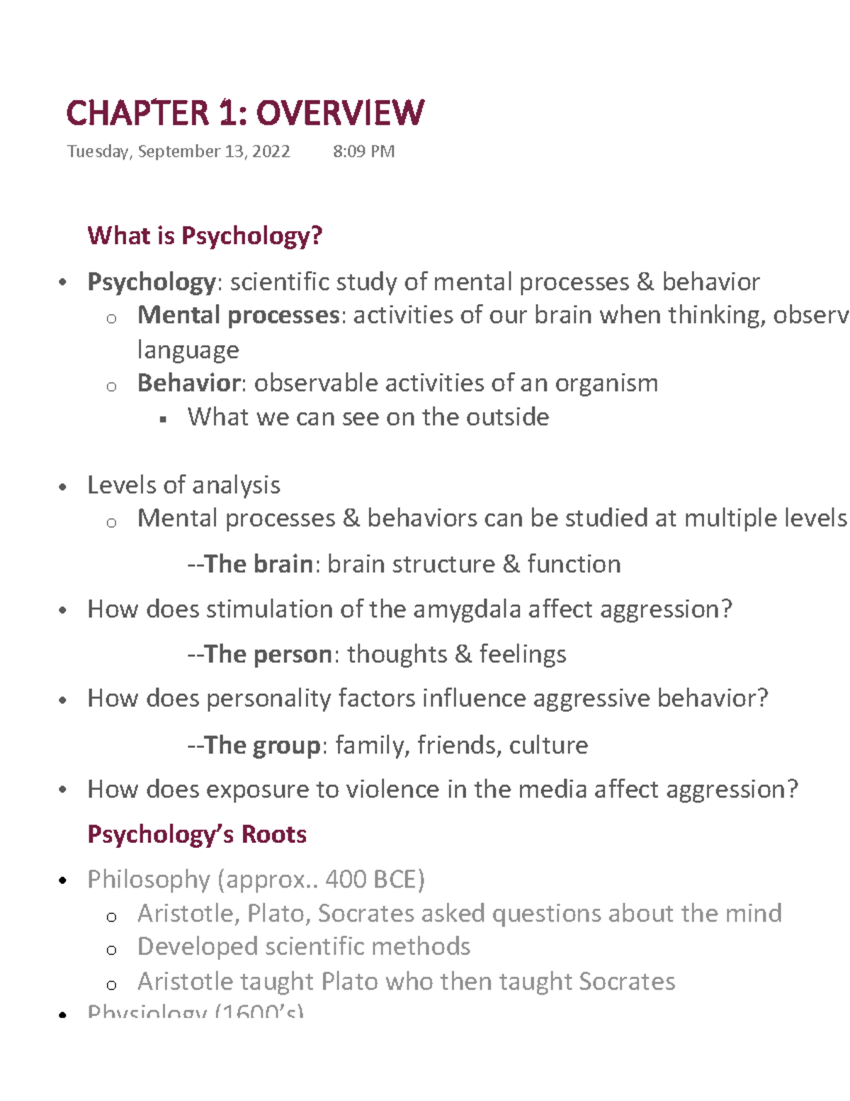 Chapter 1 Overview - Lecture note - What is Psychology? Psychology ...