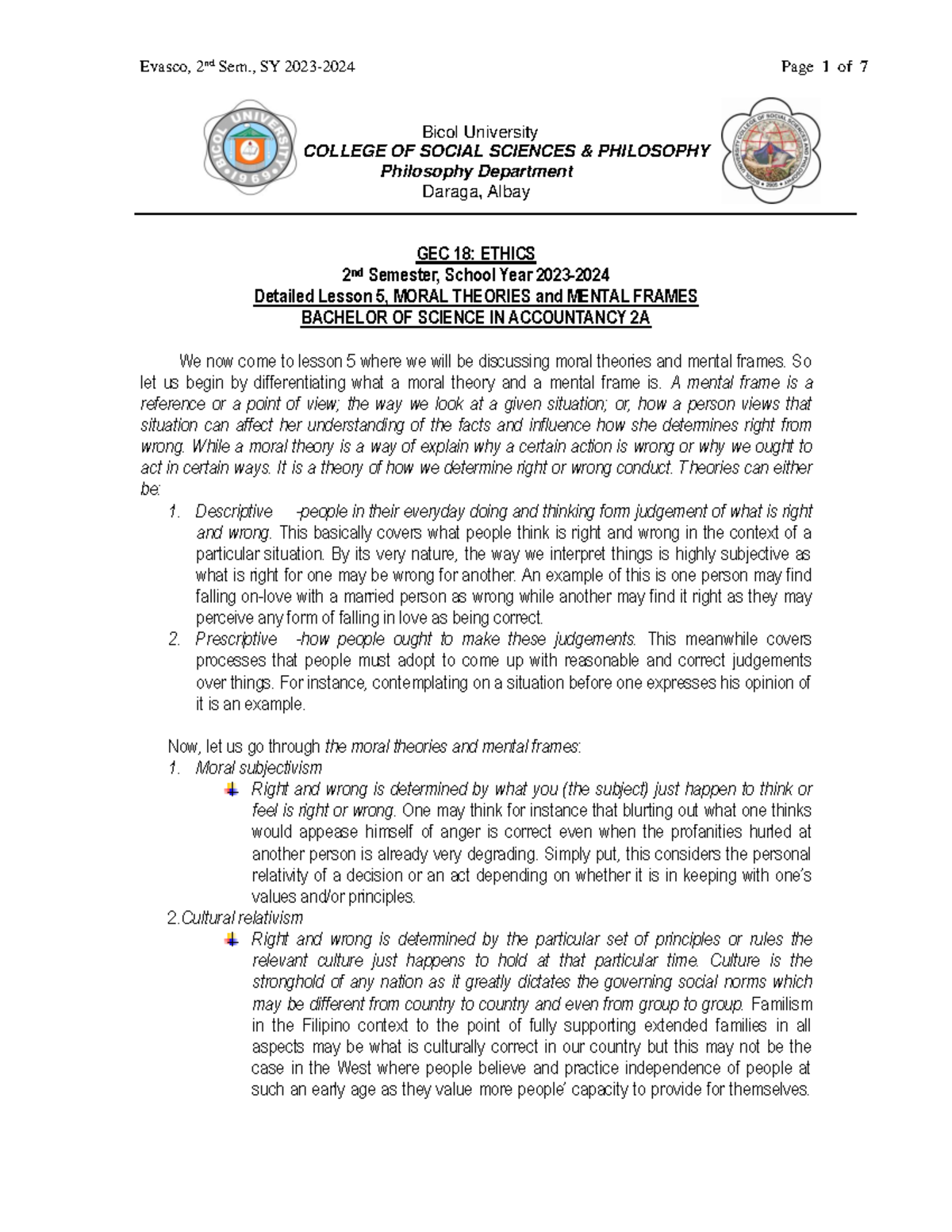 Ethics lesson 5 detailed guide - Bicol University COLLEGE OF SOCIAL ...