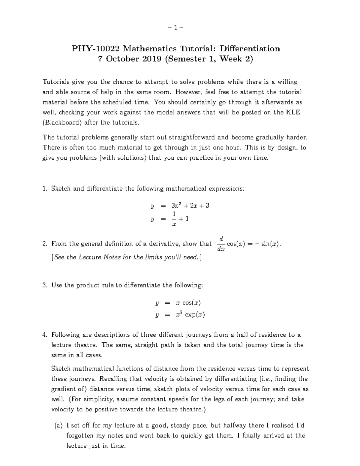 Semester 1 Tutorial 1 2019 - – 1 – PHY-10022 Mathematics Tutorial ...