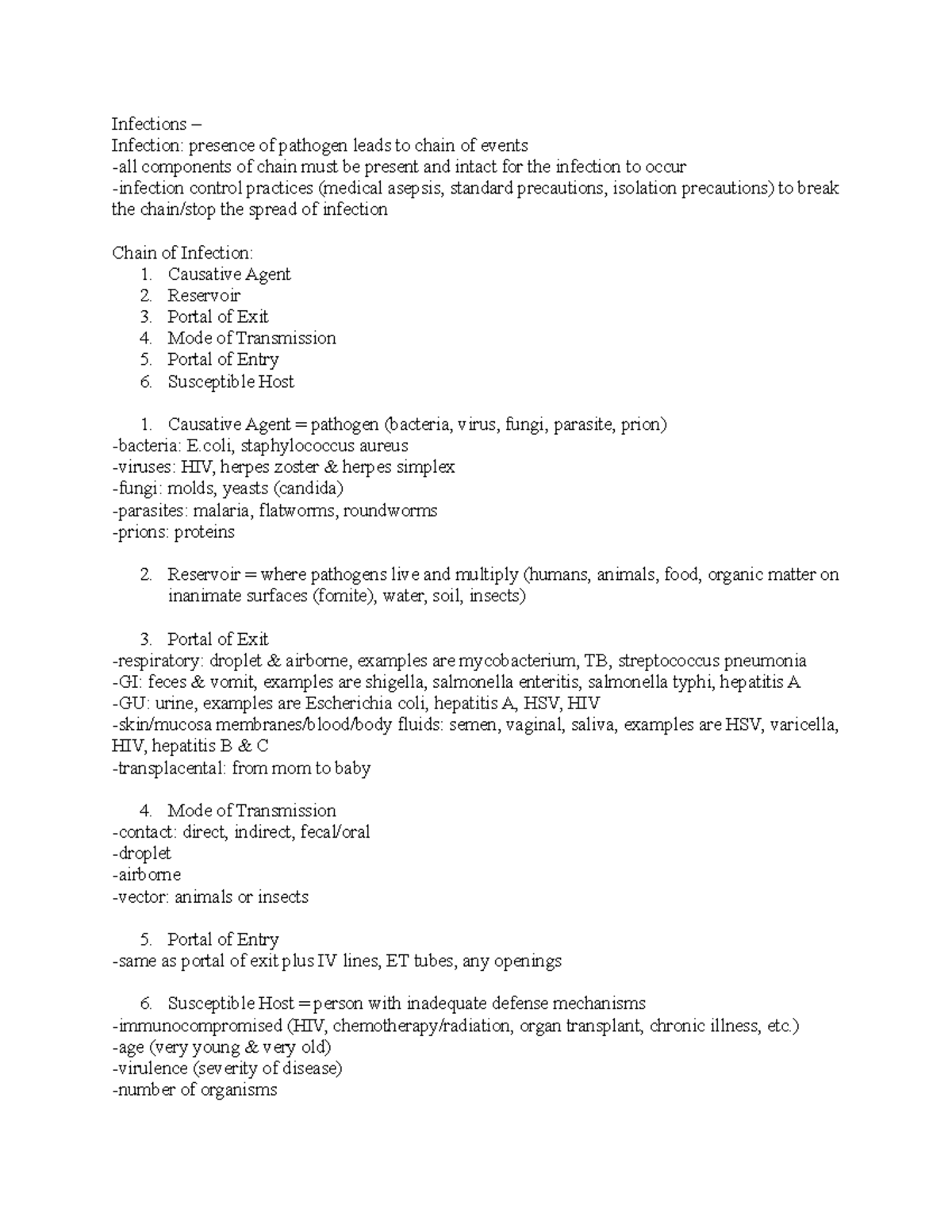 Infection Control Notes - Infections – Infection: presence of pathogen ...