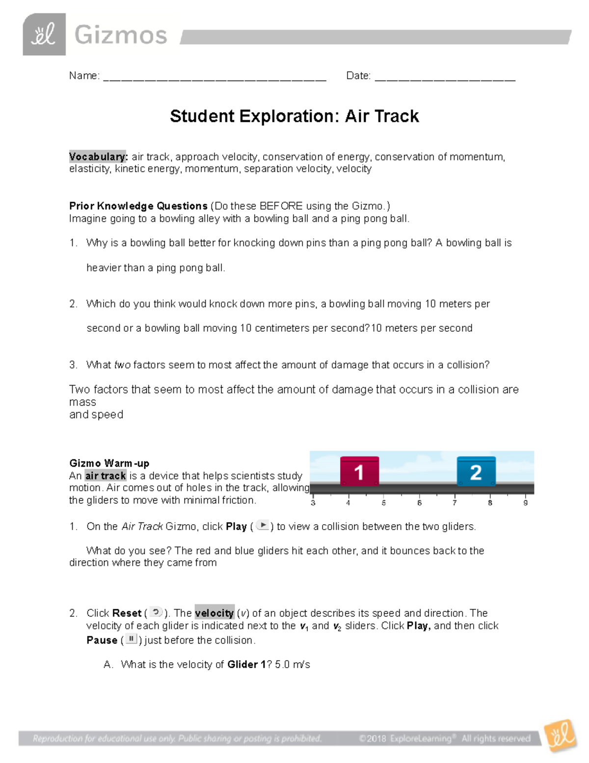 Air Track SE - Name: ______________________________________ Date
