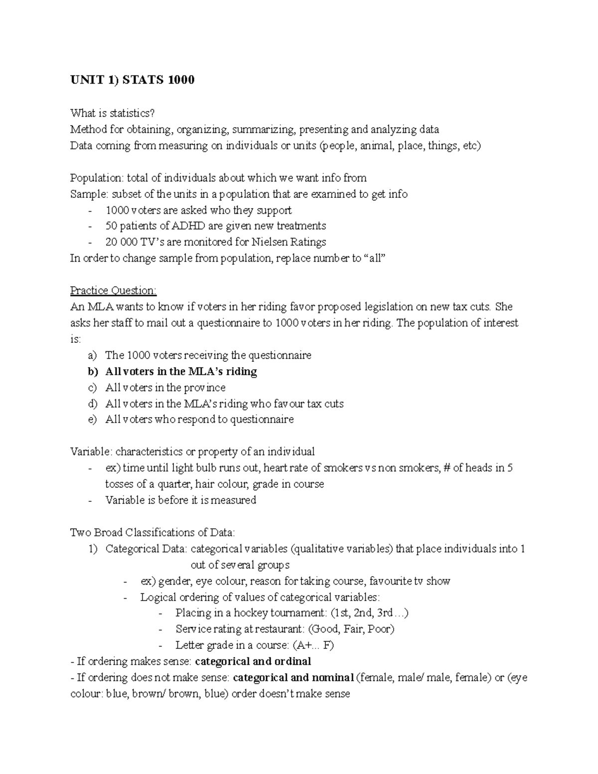 Stat 1000 Unit 1 - Lecture notes 1 - UNIT 1) STATS 1000 What is ...