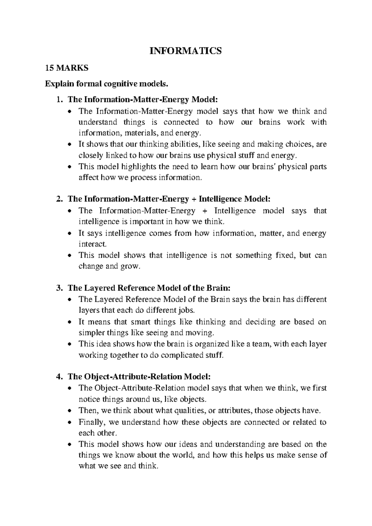 Informatics - INFORMATICS 15 MARKS Explain formal cognitive models. 1 ...
