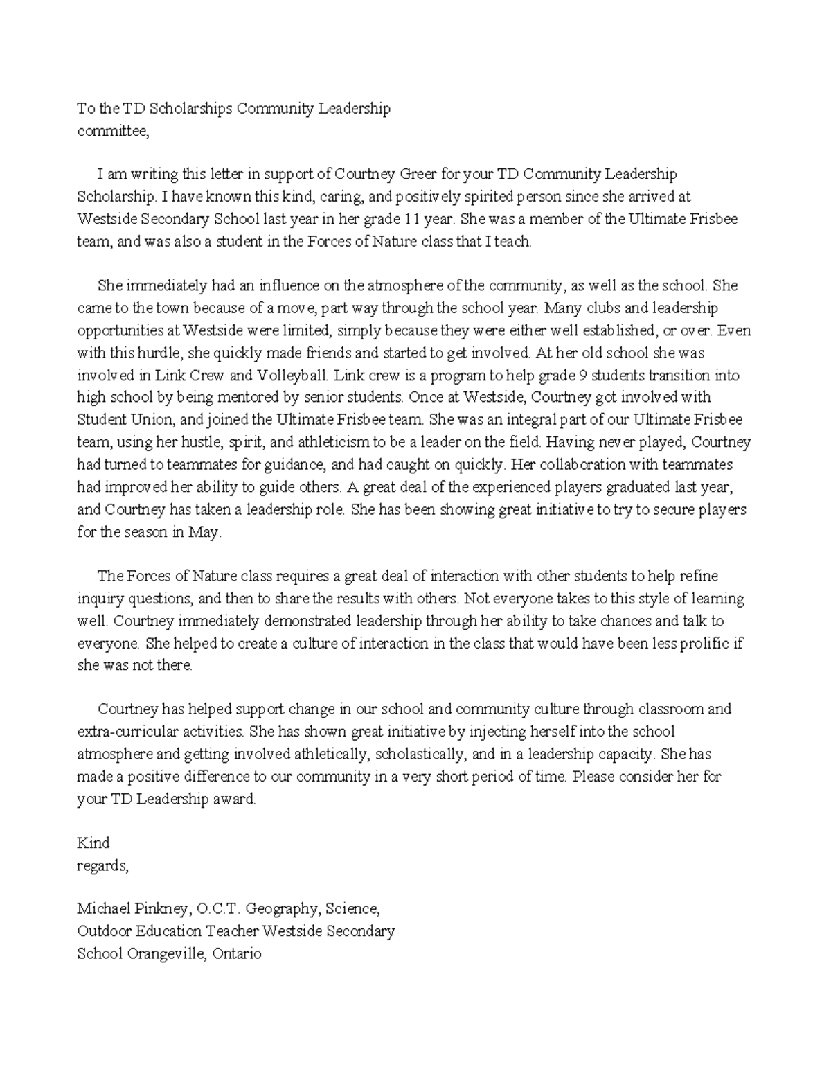 Courtney Greer Reference Letter - To the TD Scholarships Community ...