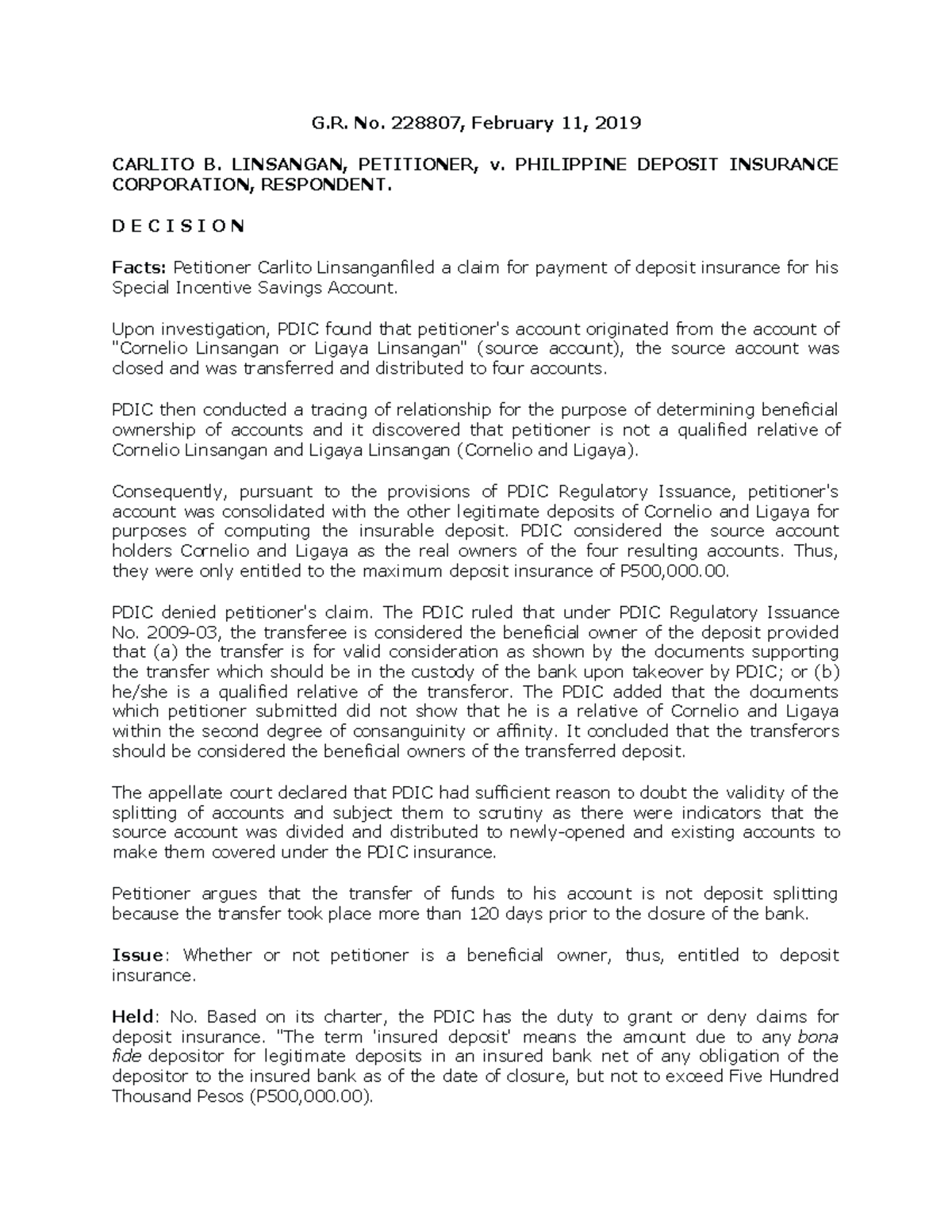 Linsangan-vs-pdic compress - G. No. 228807, February 11, 2019 CARLITO B ...