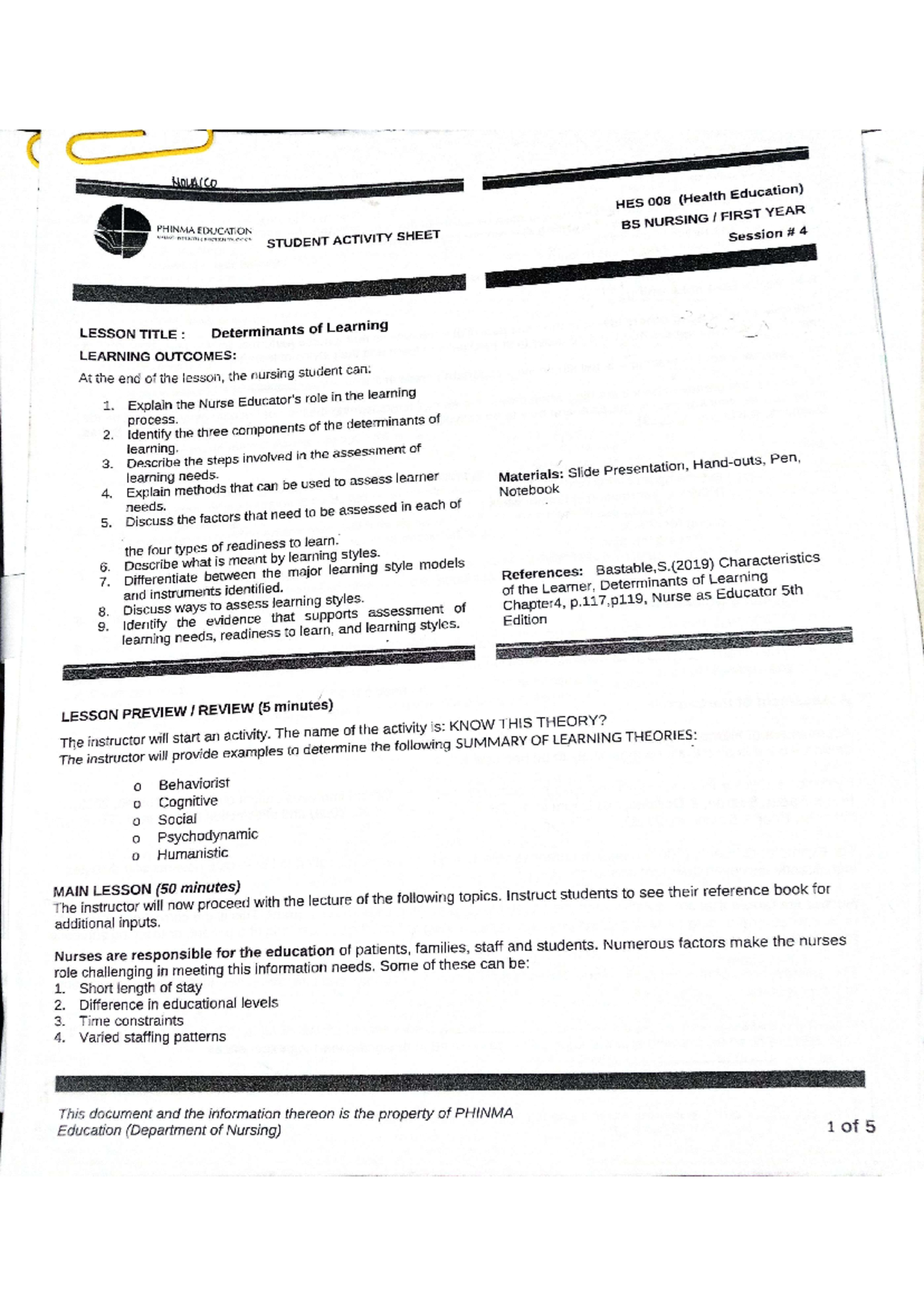 HES 008 SAS4 - HEALTH EDUC - NOLASCO HES 008 (Health Education) NURSING ...