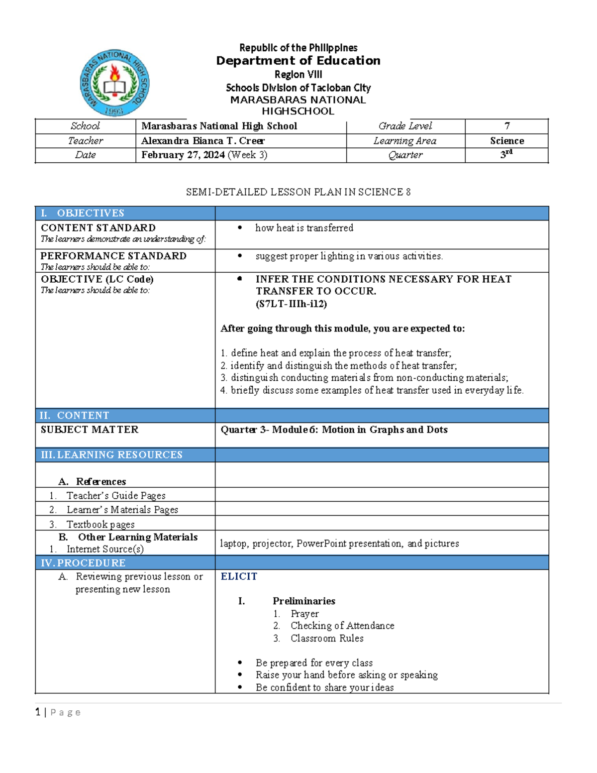 HEAT Transfer - School Marasbaras National High School Grade Level 7 ...
