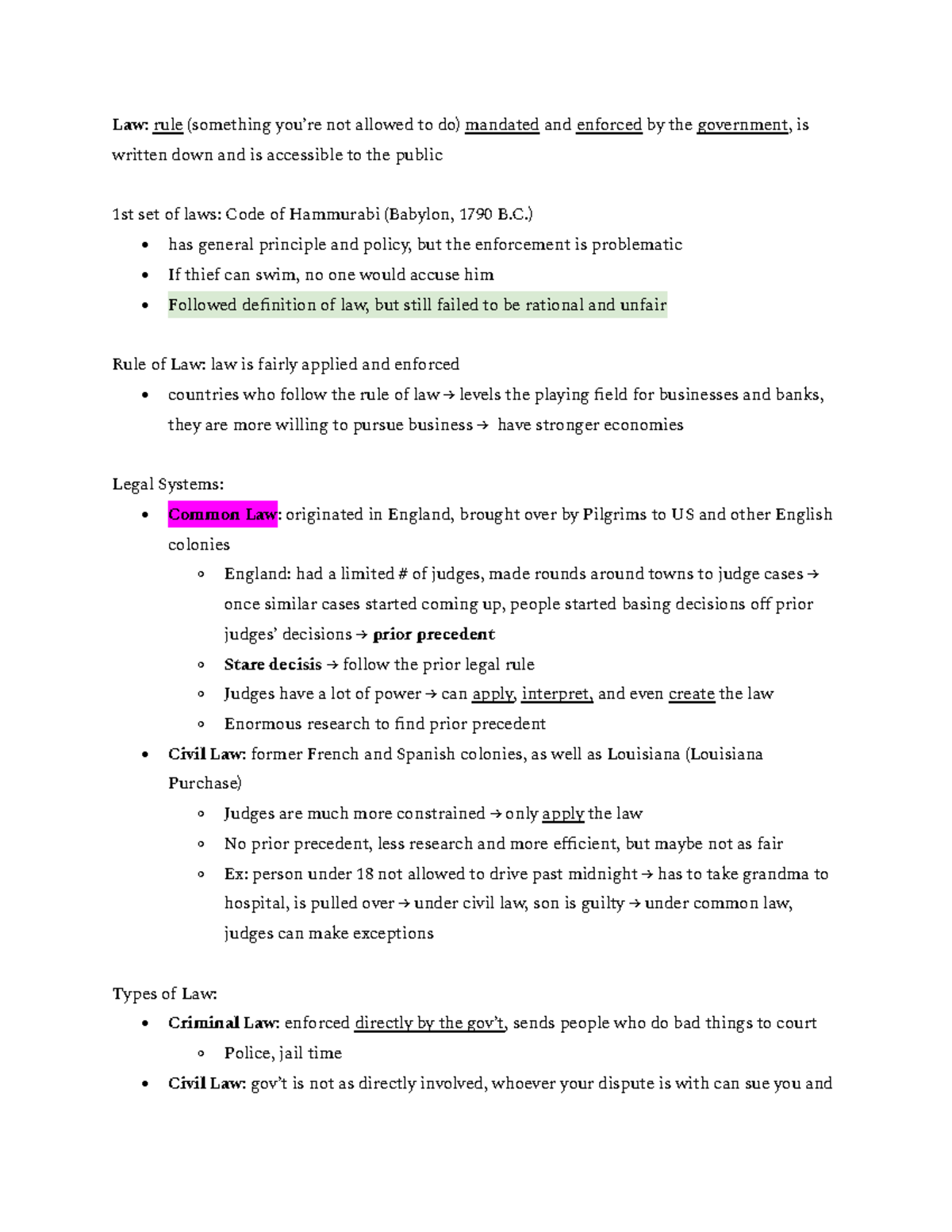 Intro to Law Lecture Notes - Law: rule (something you’re not allowed to ...