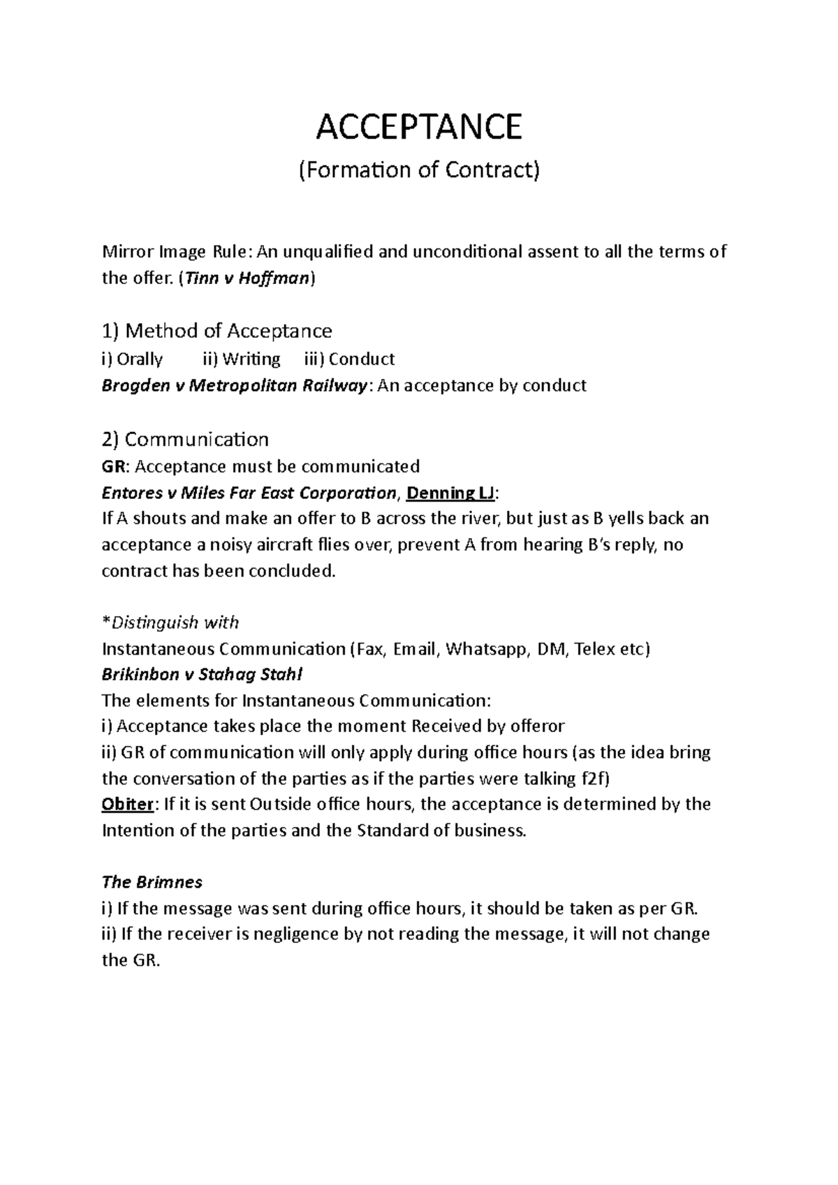 Acceptance (Revision Notes) - ACCEPTANCE (Formation of Contract) Mirror ...