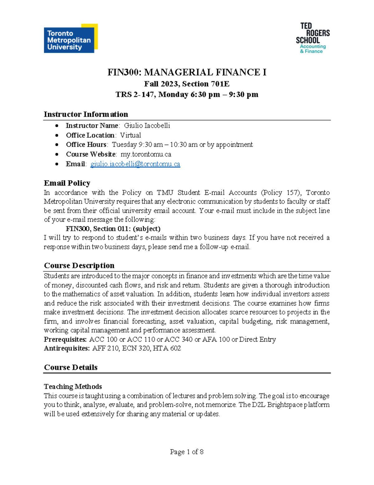 FIN 300 Fall 2023 Outline - FIN300: MANAGERIAL FINANCE I Fall 2023 ...