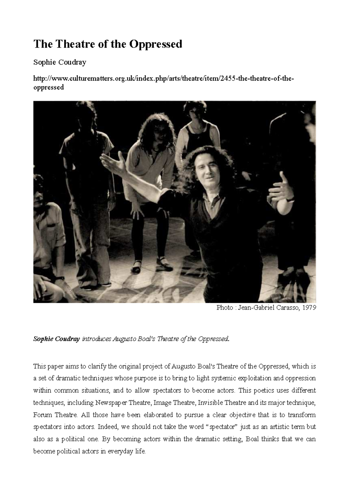 The Theatre of the Oppressed - This paper aims to clarify the original ...