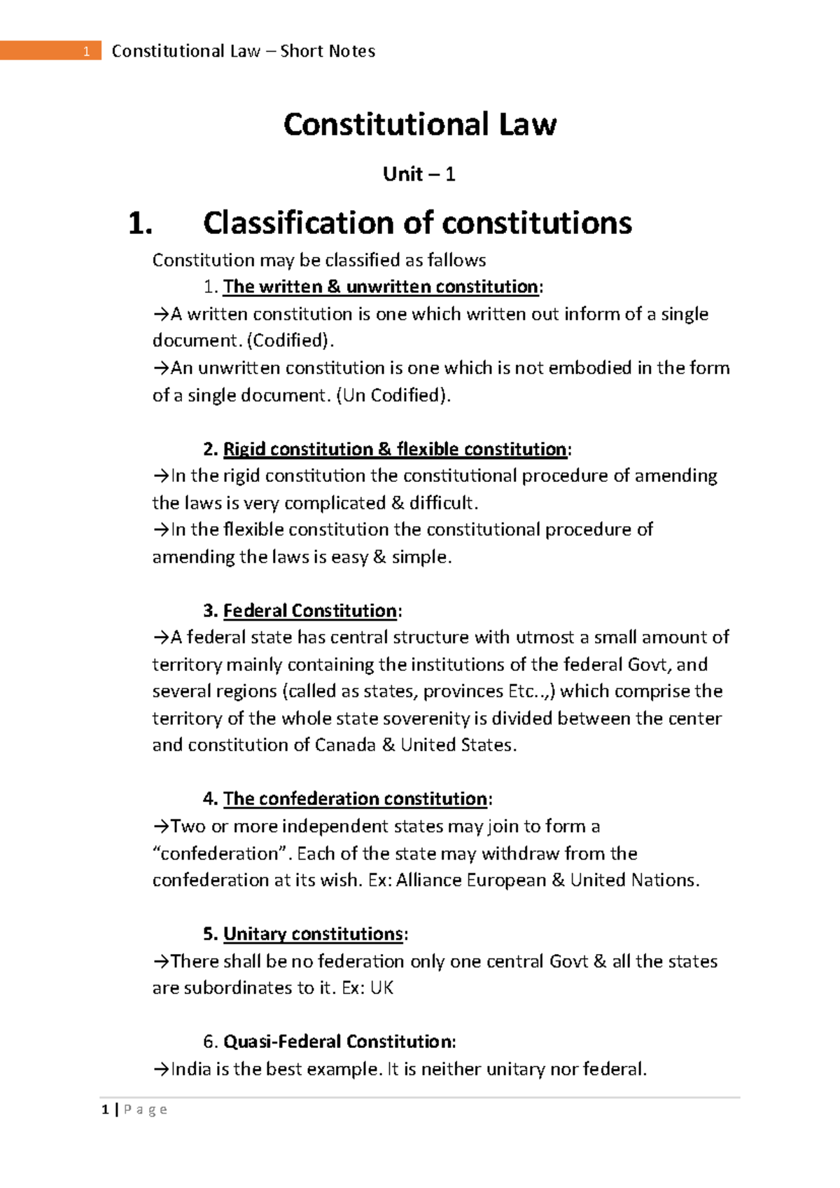 Constitution Short Notes BY Kalyan - Constitutional Law Unit – 1 1 ...