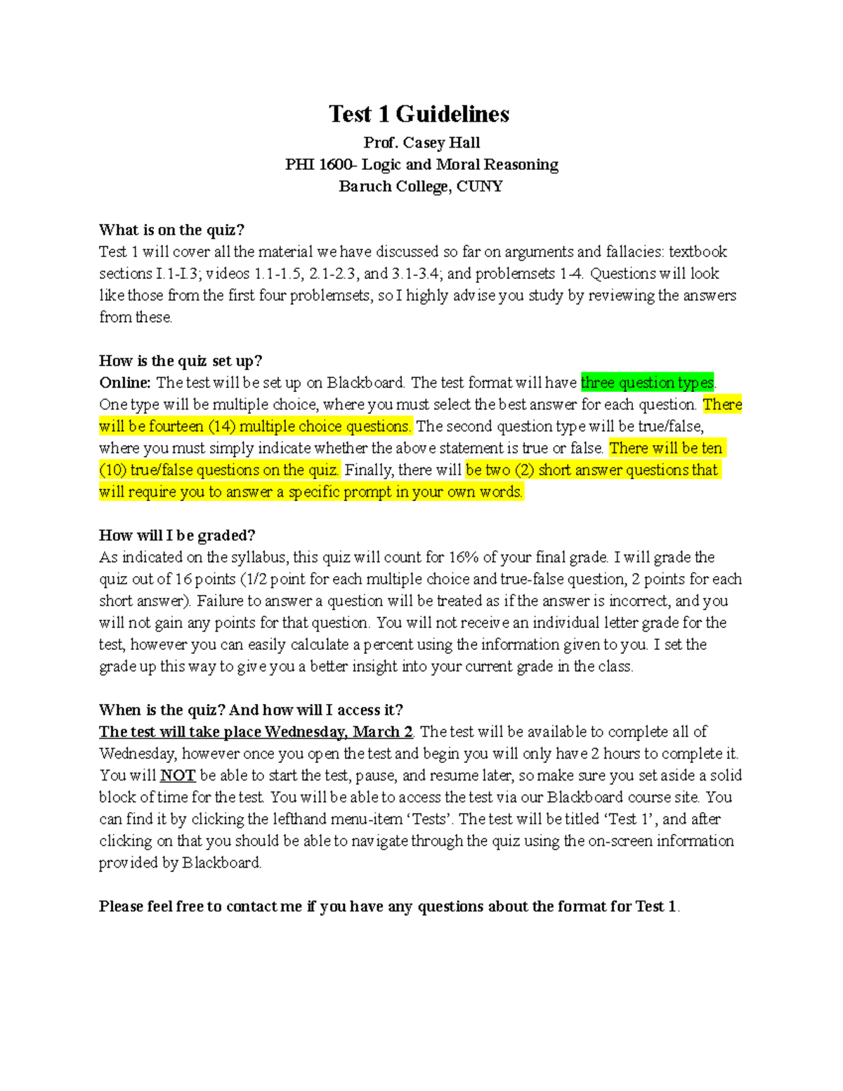 PHI 1600 Test 1 Guidelines - Test 1 Guidelines Prof. Casey Hall PHI ...