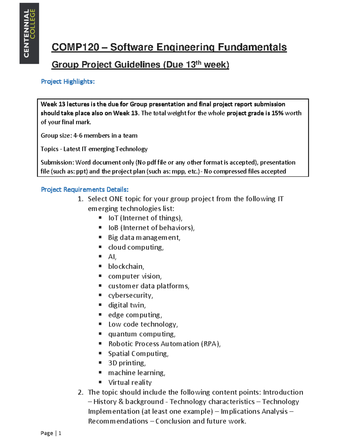 Group Project Guidelines COMP120 -Winter 2023 - Page | 1 COMP120 ...