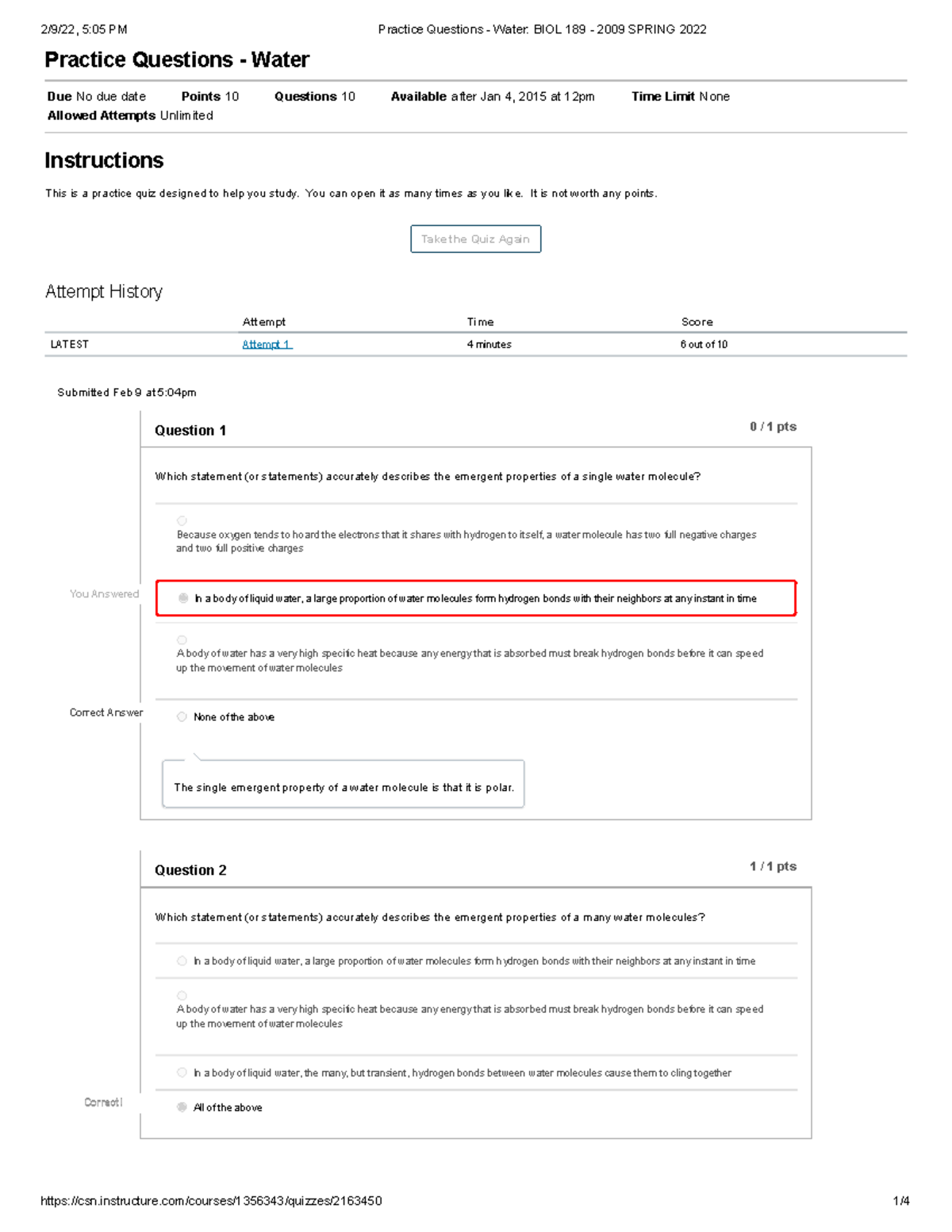 Practice Questions - Water BIOL 189 - 2009 Spring 2022 - Practice ...
