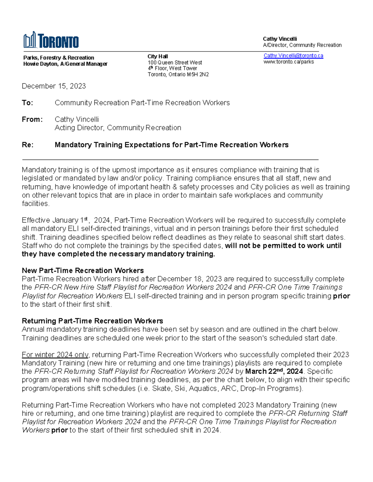 Memo - 2024 Mandatory Training Recreation Workers (12 - Cathy Vincelli ...