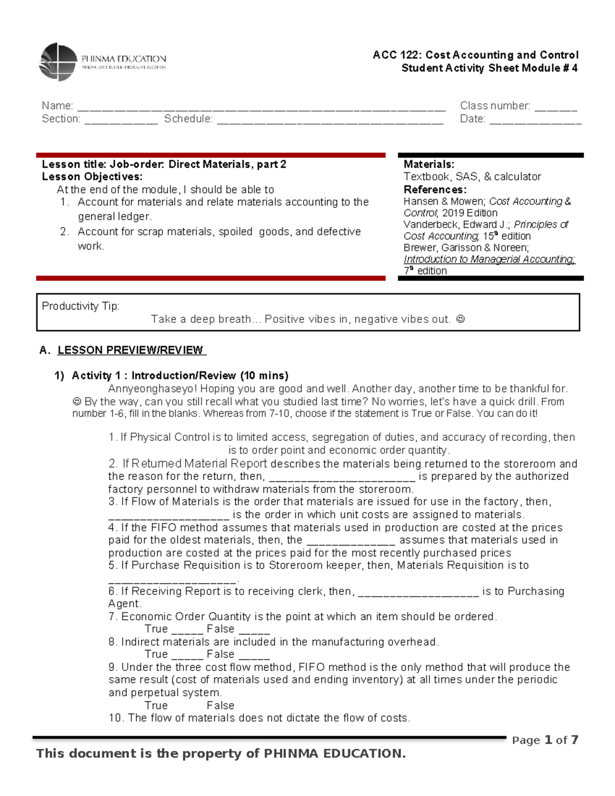 ACC-122 SAS DAY-4 - hope it helps - Student Activity Sheet Module # 4 ...