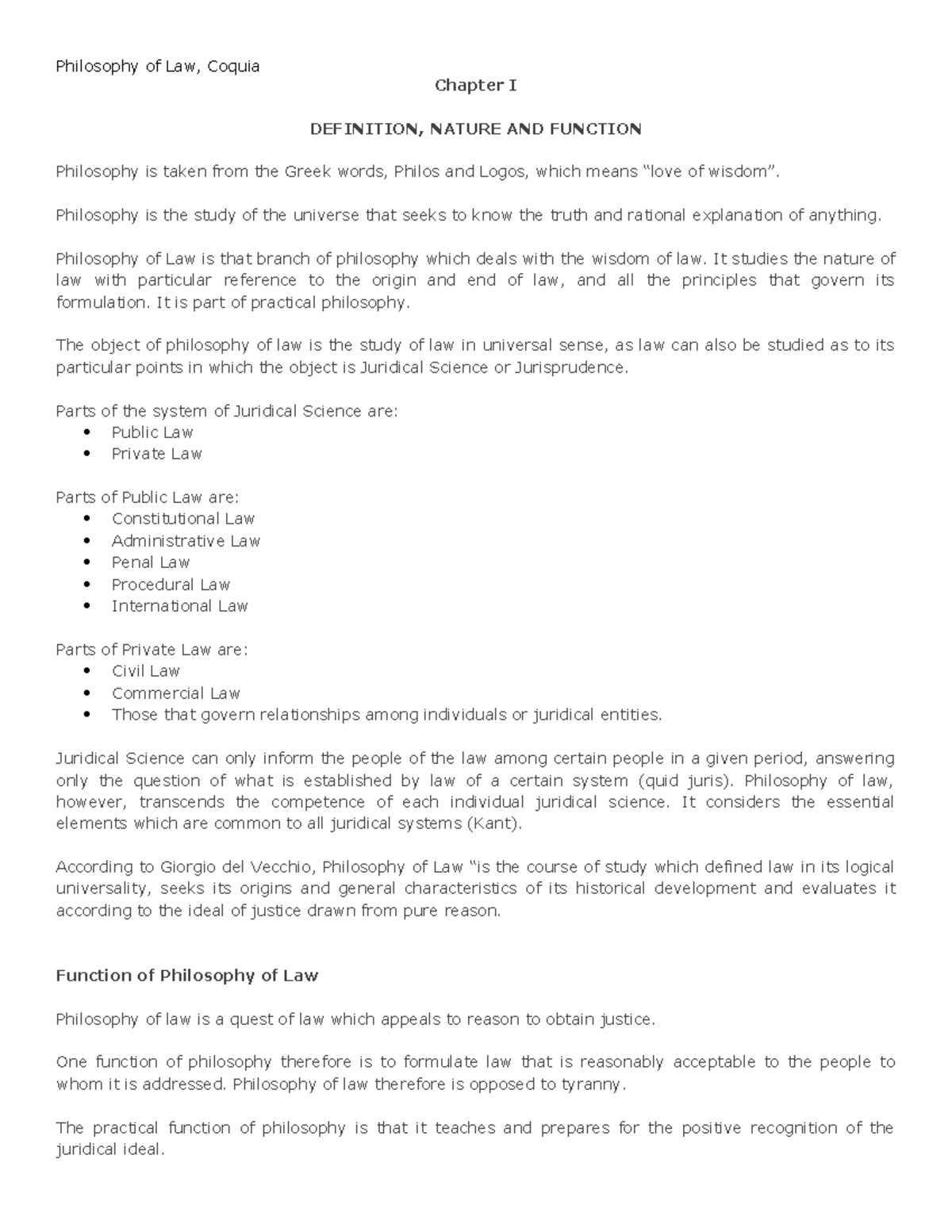 Philo 1 - Philosophy of Law, Coquia Chapter I DEFINITION, NATURE AND ...