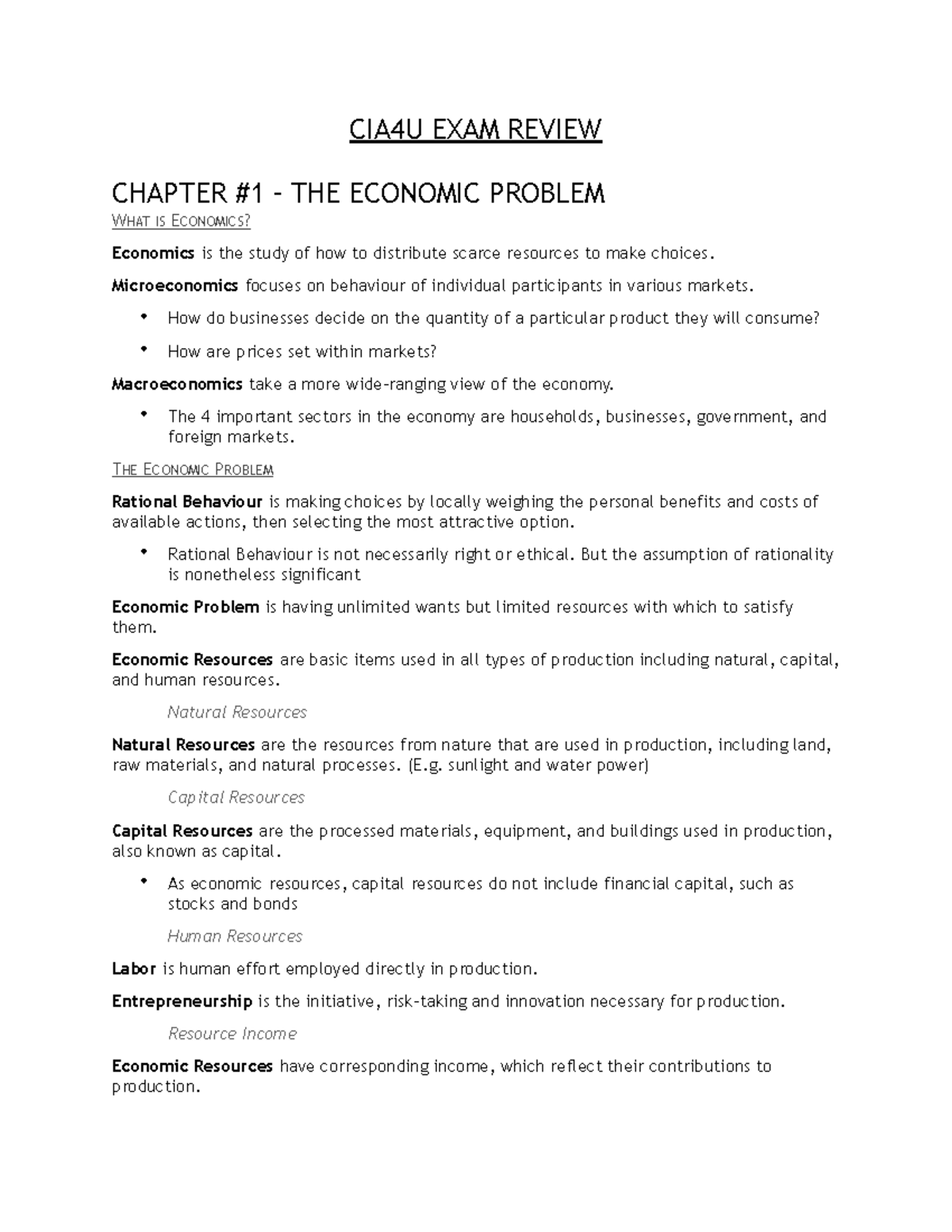 Exam Guide - Econ Notes - CIA4U EXAM REVIEW CHAPTER #1 – THE ECONOMIC ...