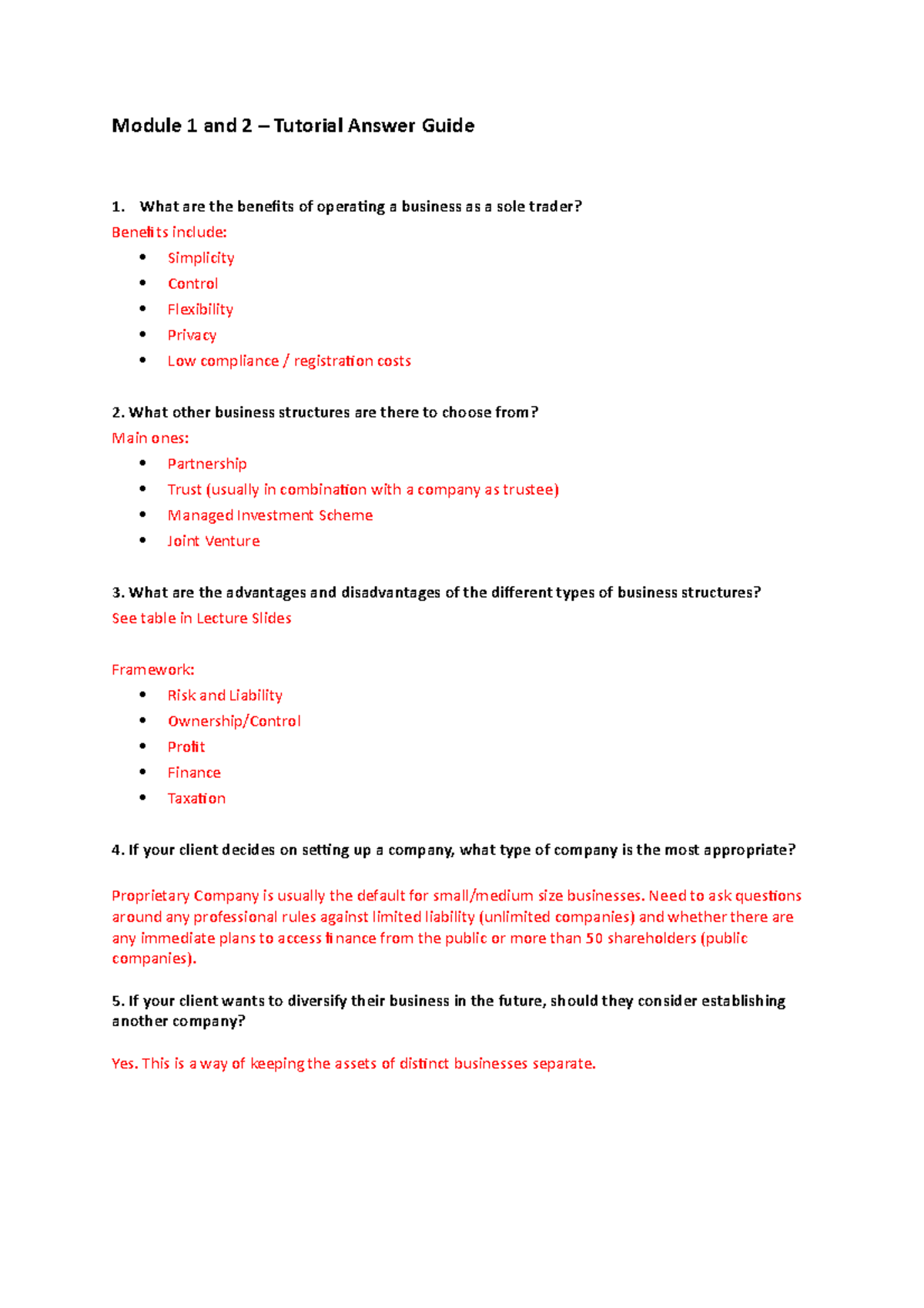 Modules 1 2 - Company Law - Tutorial Answer Guide - Module 1 and 2 ...