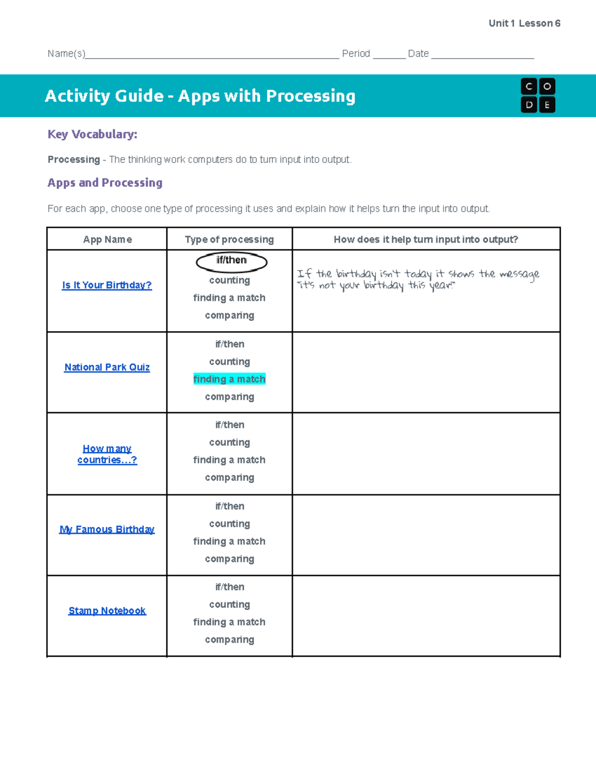 Apps with processing - Unit 1 Lesson 6 Name(s ...