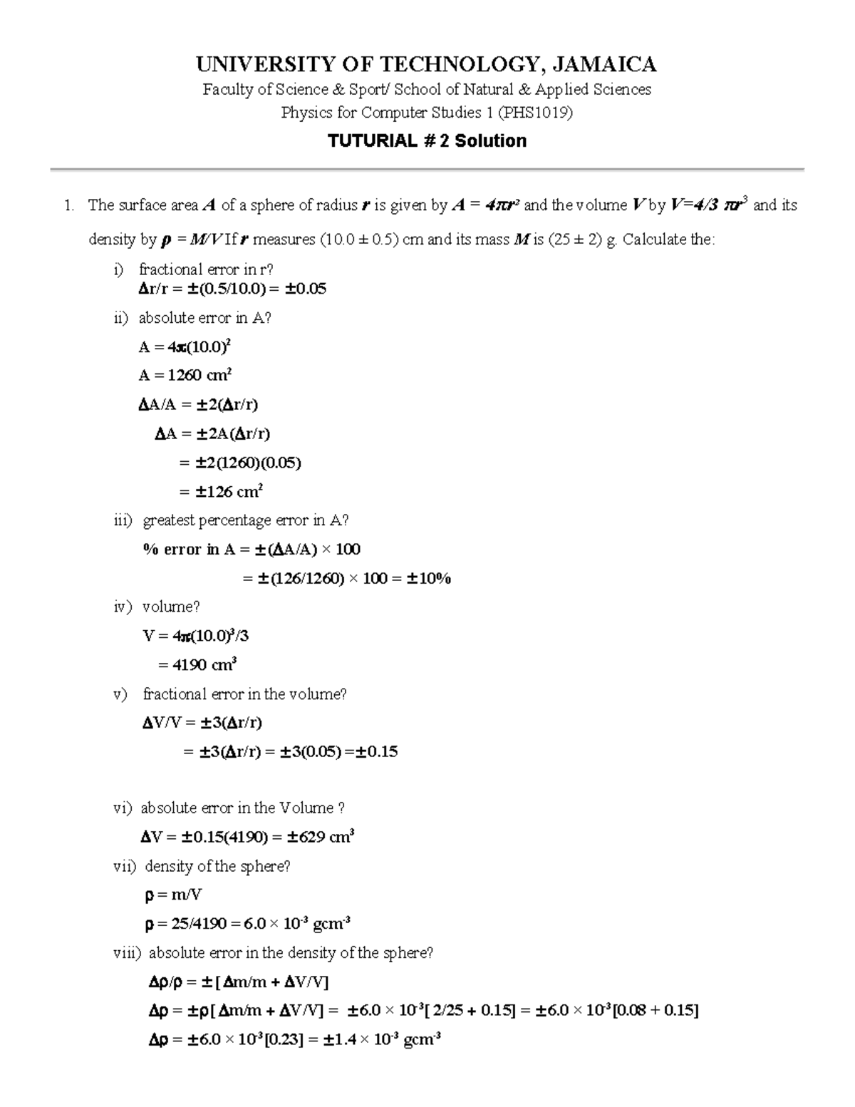 Solution To Tutorial 2 Error Analysis University Of Technology 4126