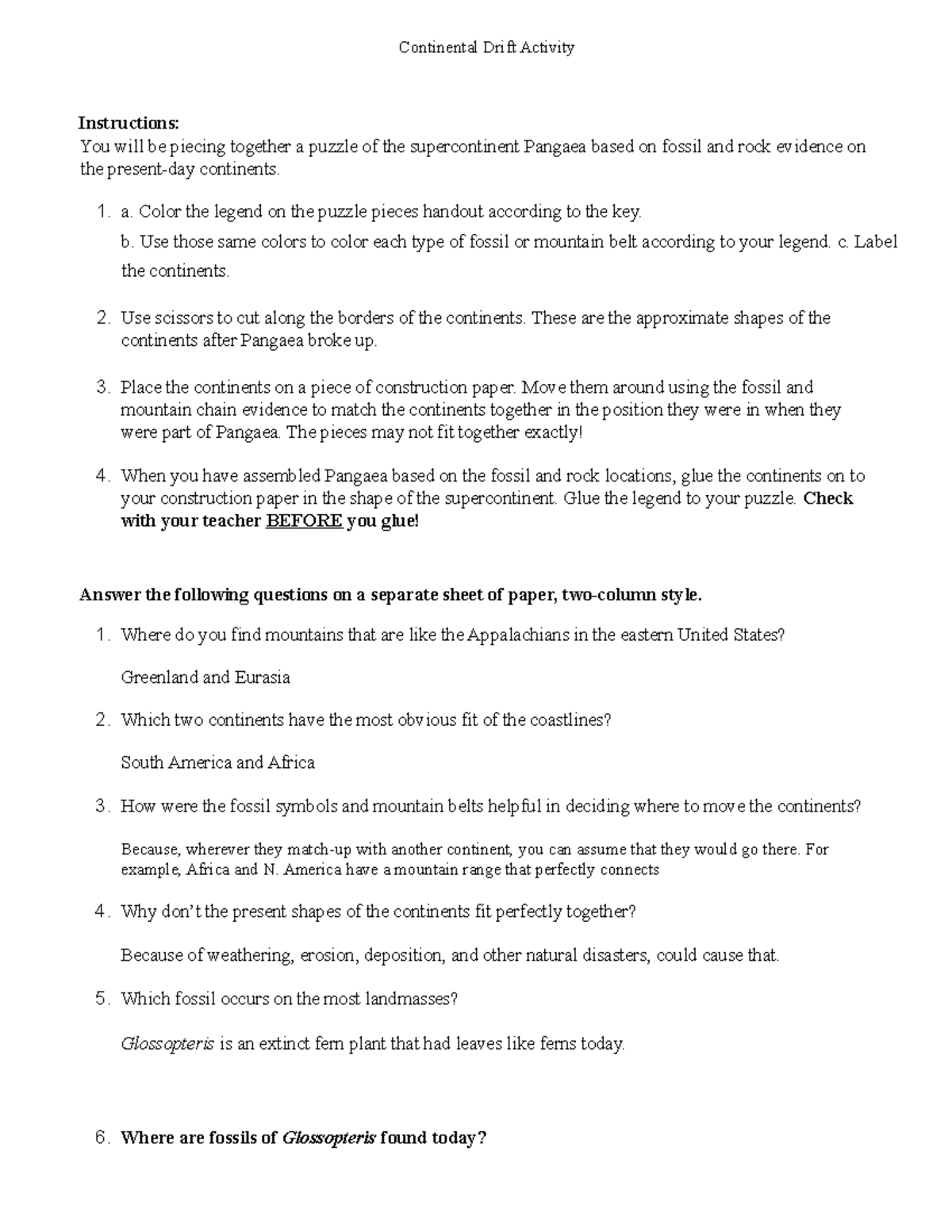 Continental Drift Activity Final - Continental Drift Activity ...