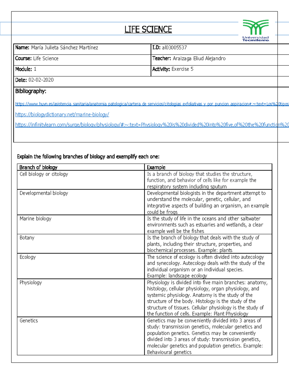 Ejercicio 5, Modulo1 - Explain the following branches of biology and ...