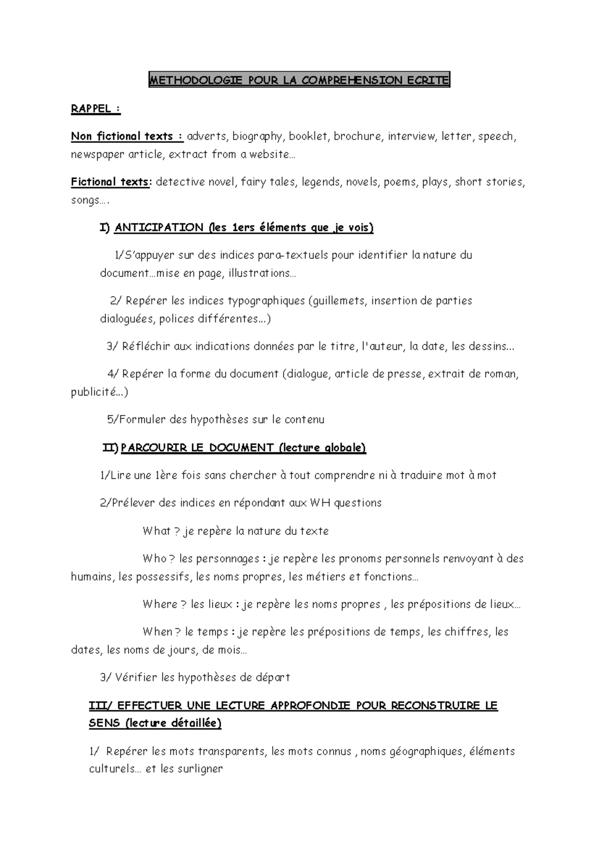 Anglais Methodologie POUR LA Comprehension Ecrite - METHODOLOGIE POUR ...