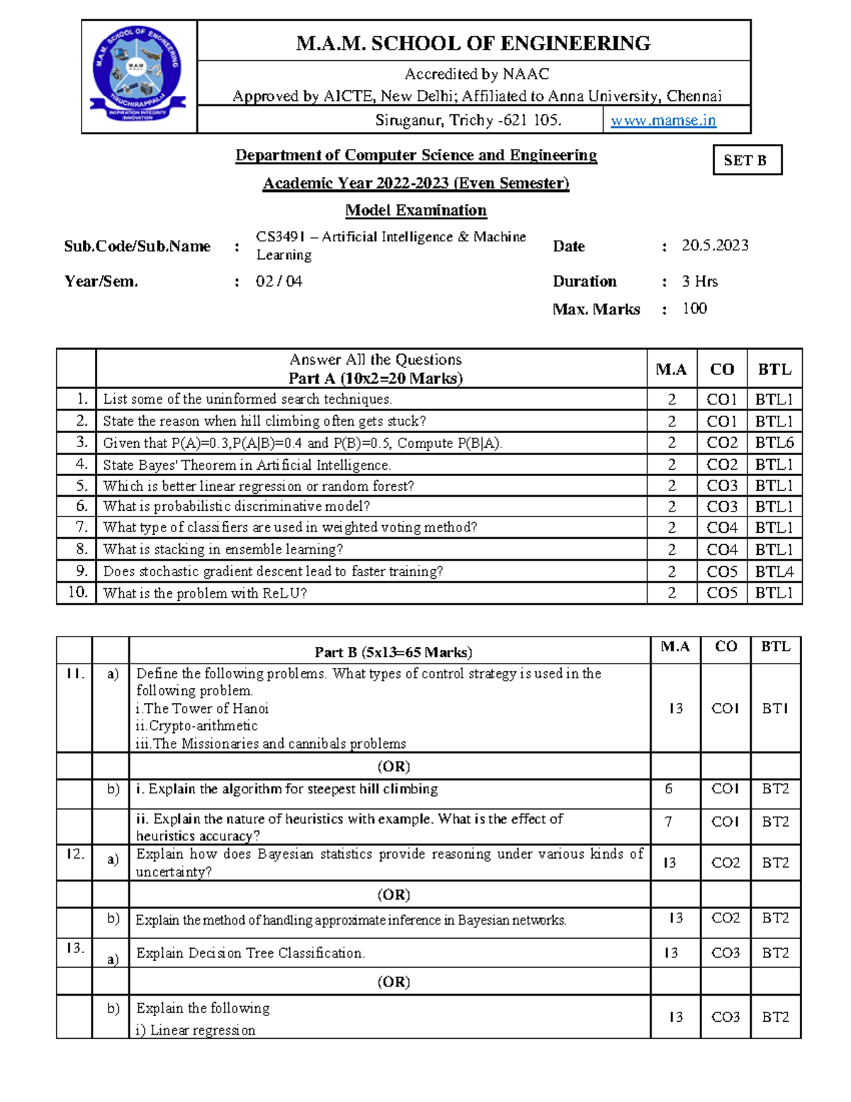 AI & ML Model SET B - Question paper - M.A. SCHOOL OF ENGINEERING ...