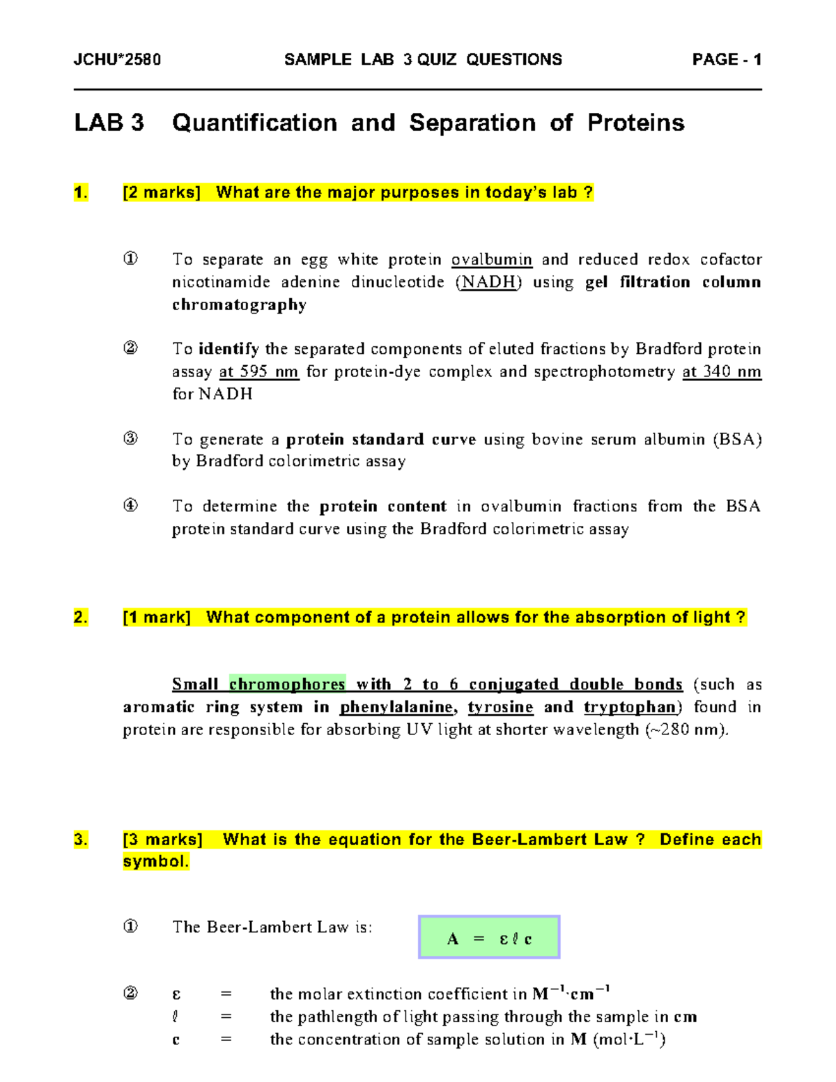 In-Lab Quiz 3 - Quantification and Separation of Proteins Lab quiz ...