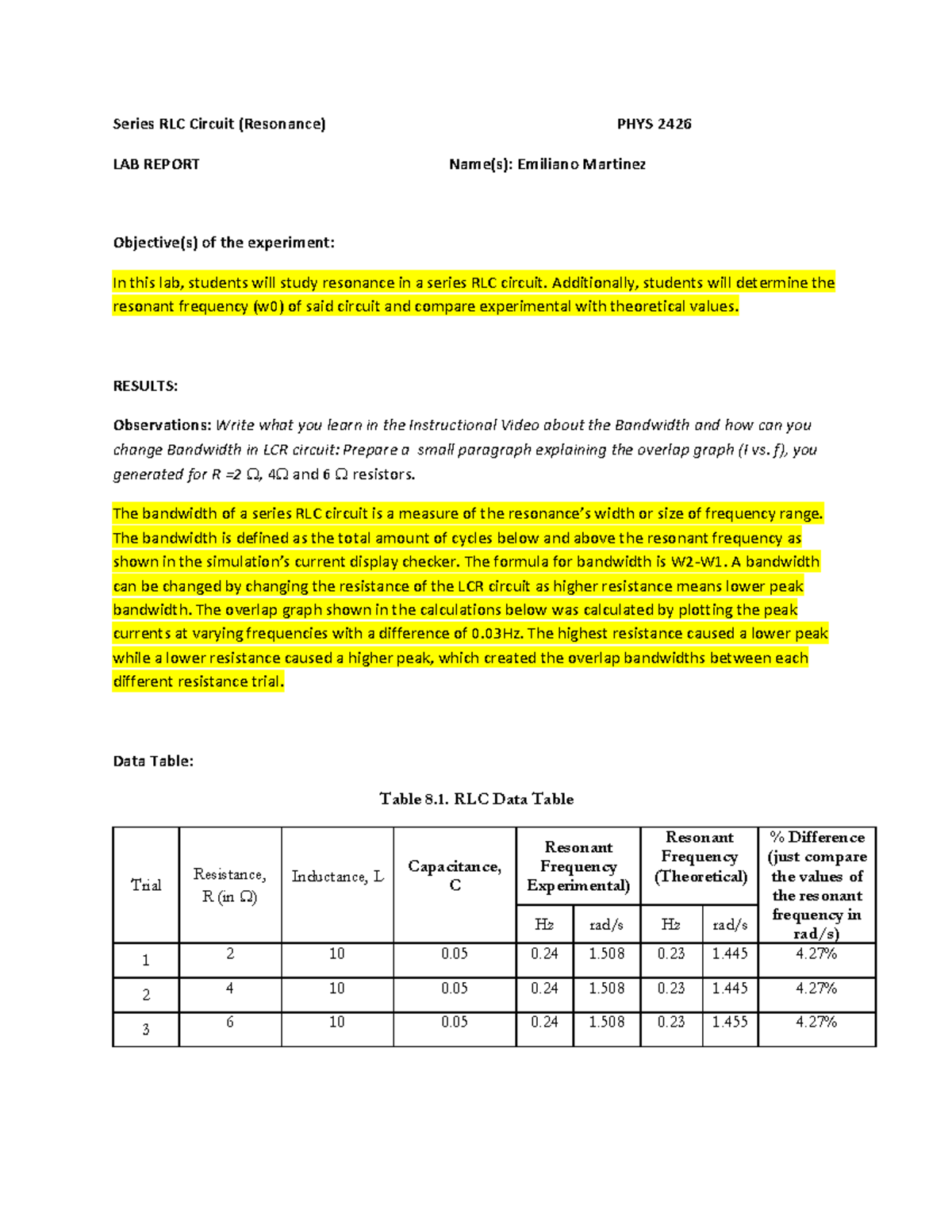 RLC Resonance- Lab Report modified-Virtual Lab - Series RLC Circuit ...