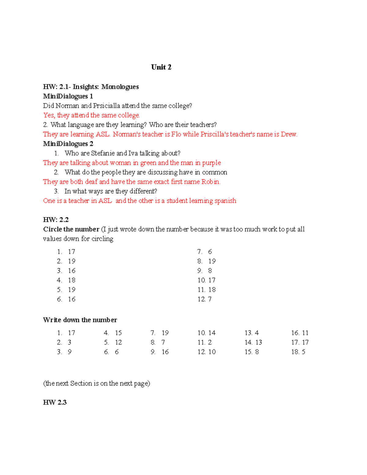 Asl Unit 2 - Assignments from signing naturally textbook - Unit 2 HW: 2 ...
