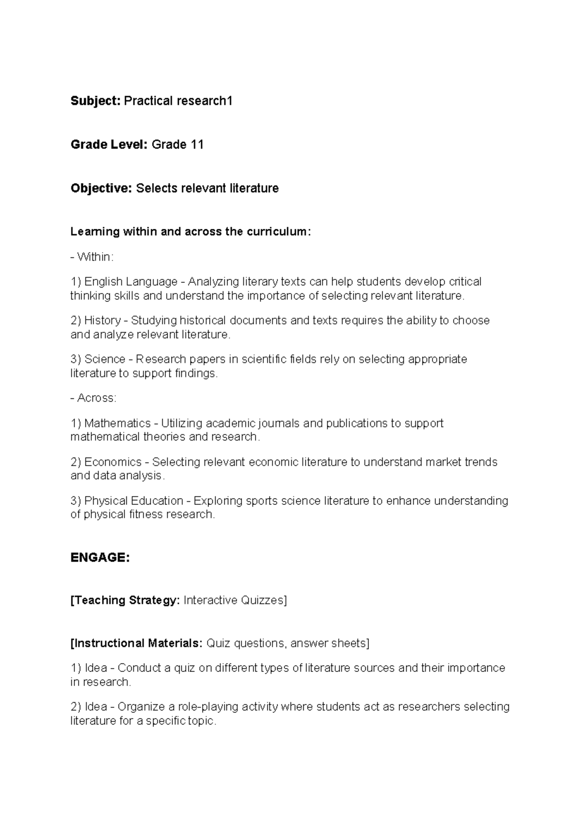 Lesson plan - Subject: Practical research Grade Level: Grade 11 ...