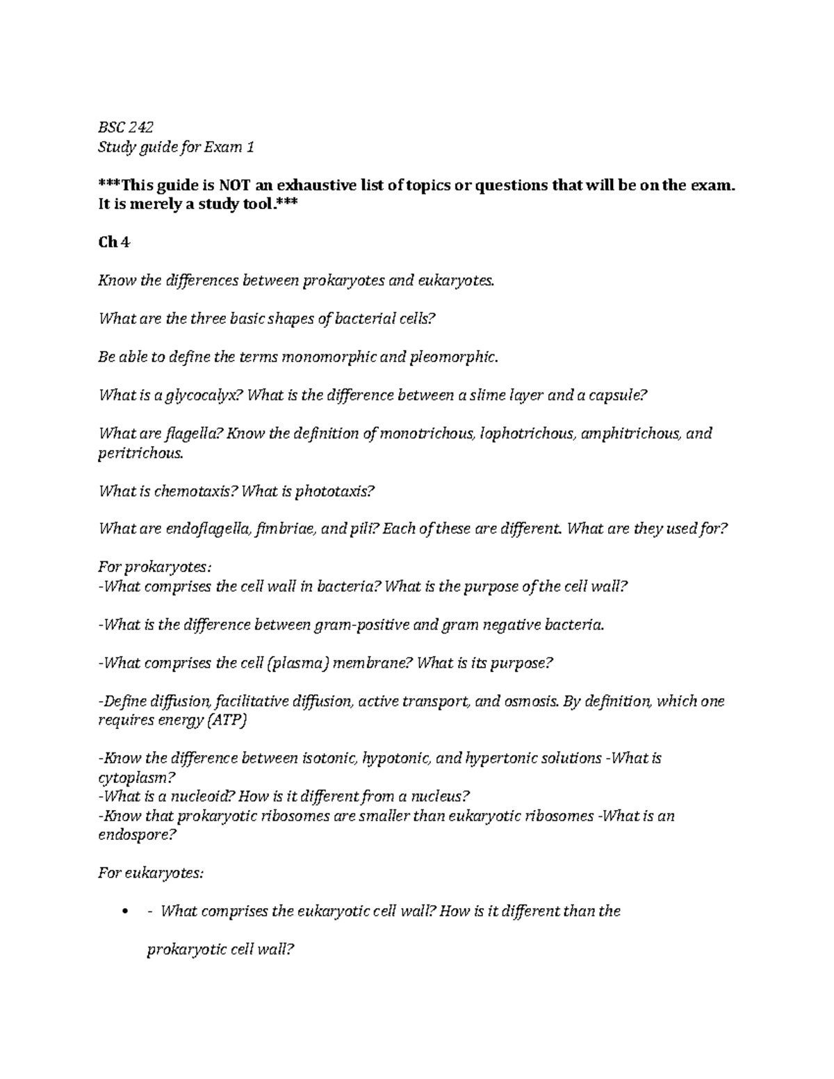 BSC 242 Chapter Four - BSC 242 Study guide for Exam 1 This guide is NOT an exhaustive list of ...