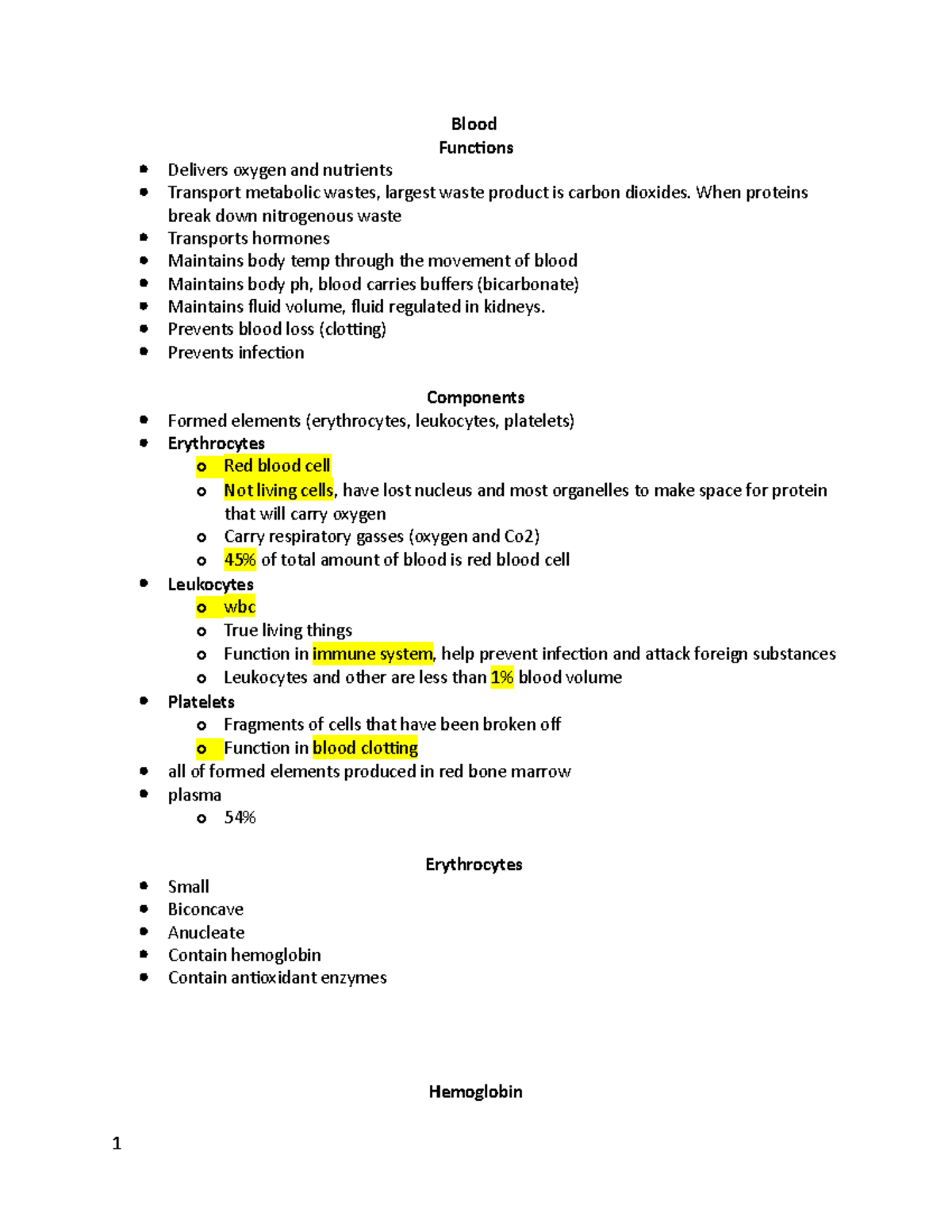 Anatomy Unit 2 SG - sg 2 - Blood Functions Delivers oxygen and ...