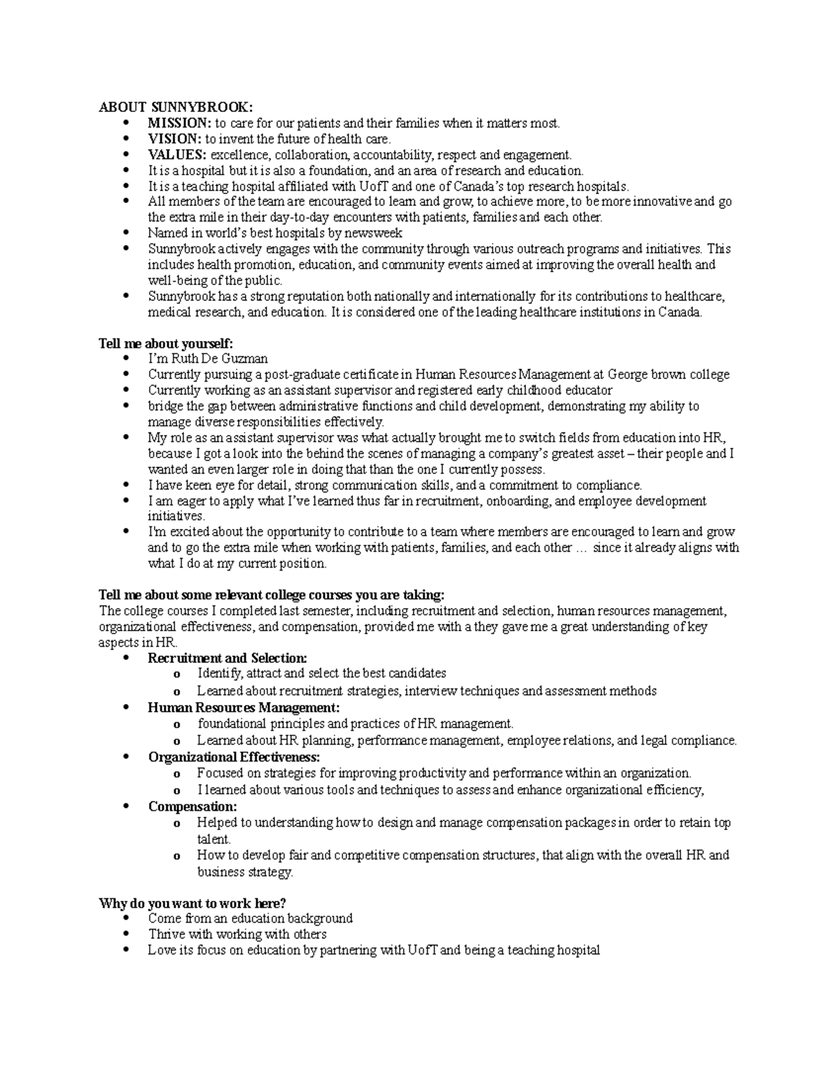 Interview Notes - ABOUT SUNNYBROOK: MISSION: to care for our patients ...