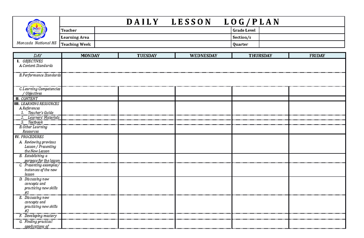 Daily- Lesson-LOG - Moncada National HS D A I L Y L E S S O N L O G / P ...