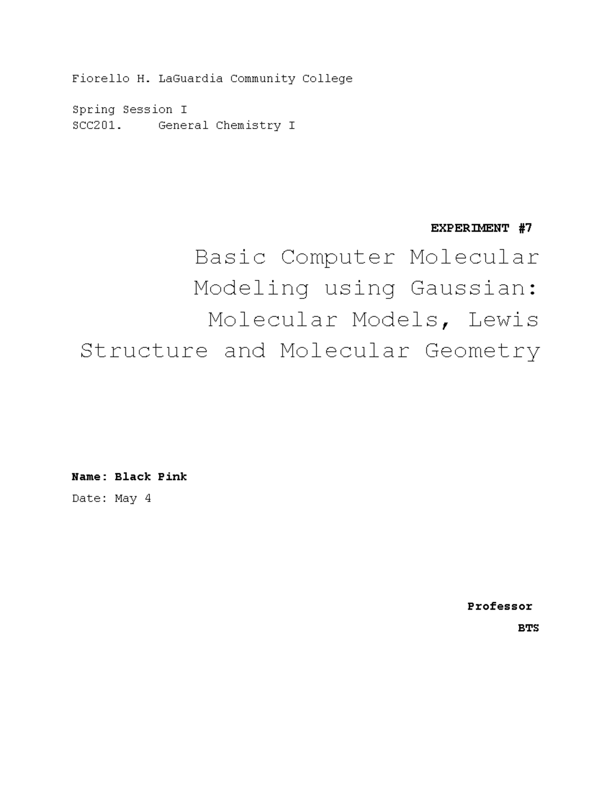 Lab7-Basic Computer Molecular Modeling using Gaussian: Molecular Models ...