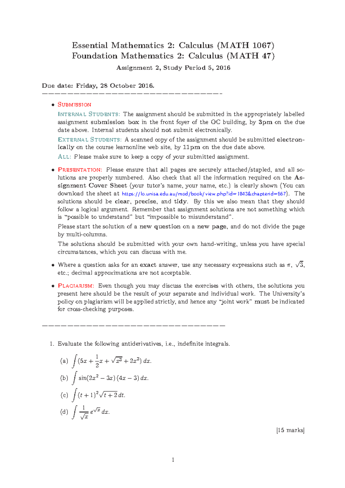 A16 SP5 2 - Assignment 2 - Essential Mathematics 2: Calculus (MATH 1067 ...