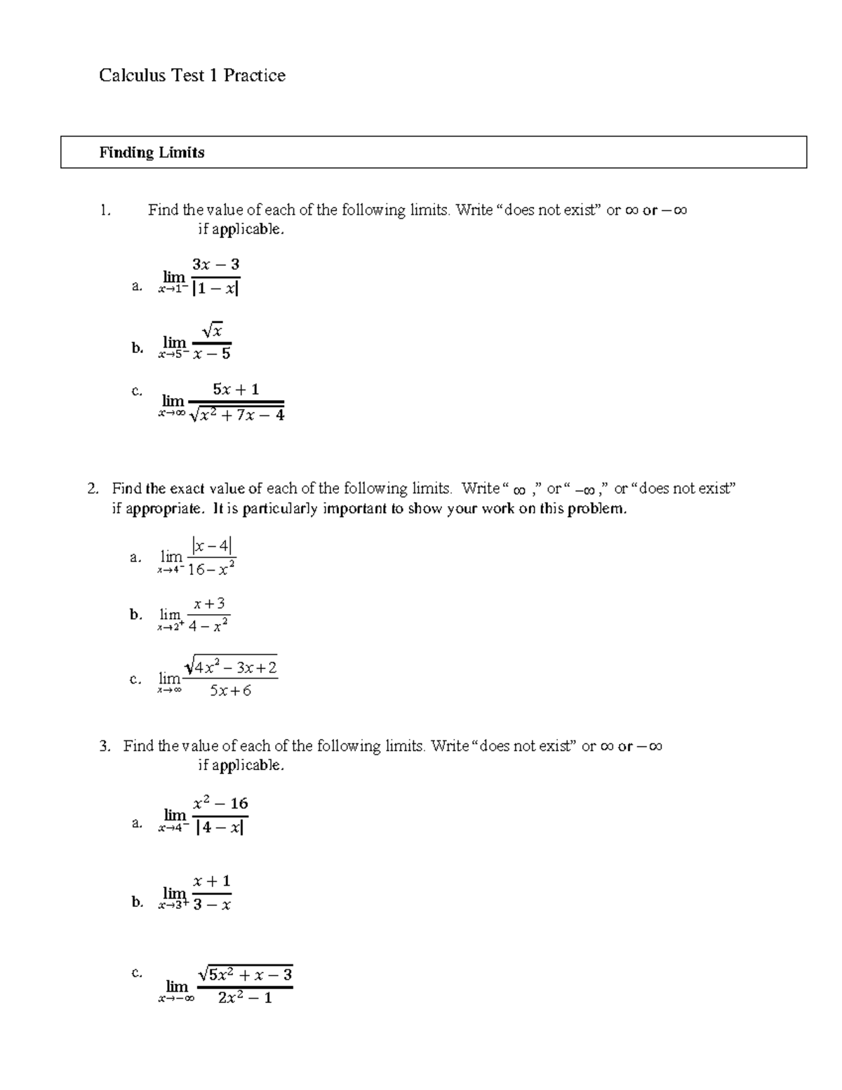 Calc 1 Test 1 practice revised - Calculus Test 1 Practice Finding ...